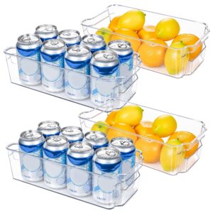 hoojo refrigerator organizer bins - 4pcs clear plastic bins for fridge, freezer, kitchen cabinet, pantry organization, bpa free fridge organizer, 12.5" long-medium, clear