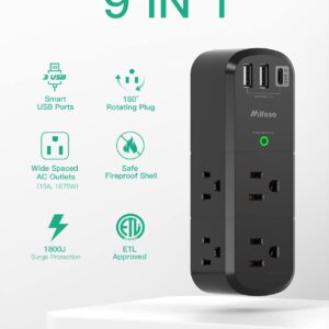 USB Outlet Extender Surge Protector - with Rotating Plug, 1800 Joules, 6 AC Multi Outlet and 3 USB Ports (1 USB C), 3-Sided Swivel Power Strip with Spaced Splitter for Home, Office, Travel