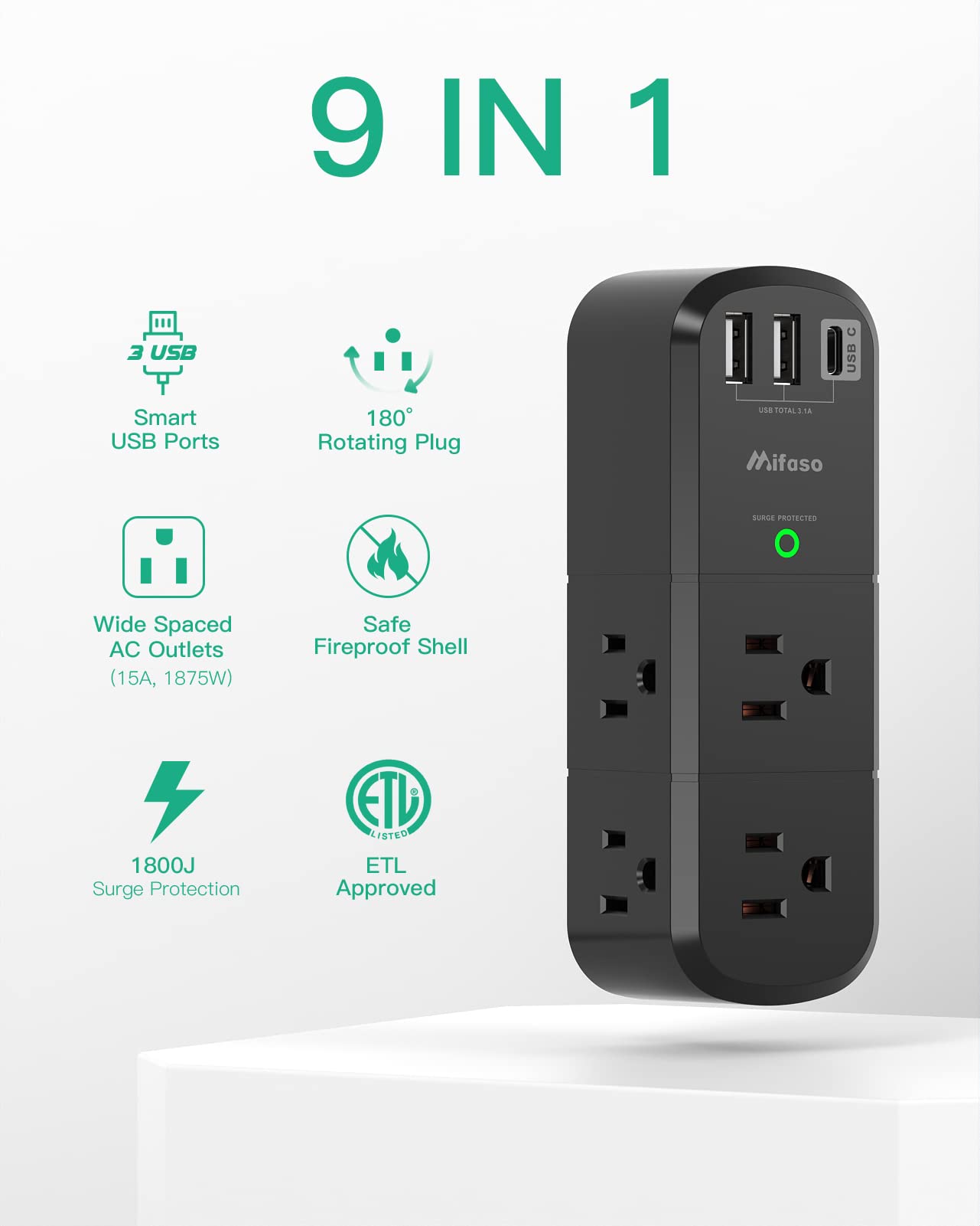 USB Outlet Extender Surge Protector - with Rotating Plug, 1800 Joules, 6 AC Multi Outlet and 3 USB Ports (1 USB C), 3-Sided Swivel Power Strip with Spaced Splitter for Home, Office, Travel