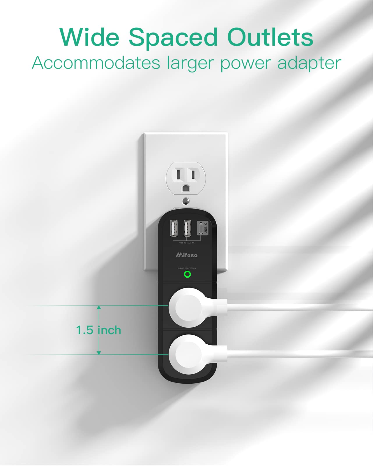 USB Outlet Extender Surge Protector - with Rotating Plug, 1800 Joules, 6 AC Multi Outlet and 3 USB Ports (1 USB C), 3-Sided Swivel Power Strip with Spaced Splitter for Home, Office, Travel