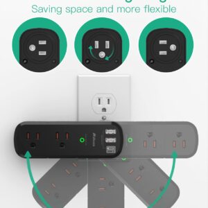 USB Outlet Extender Surge Protector - with Rotating Plug, 1800 Joules, 6 AC Multi Outlet and 3 USB Ports (1 USB C), 3-Sided Swivel Power Strip with Spaced Splitter for Home, Office, Travel