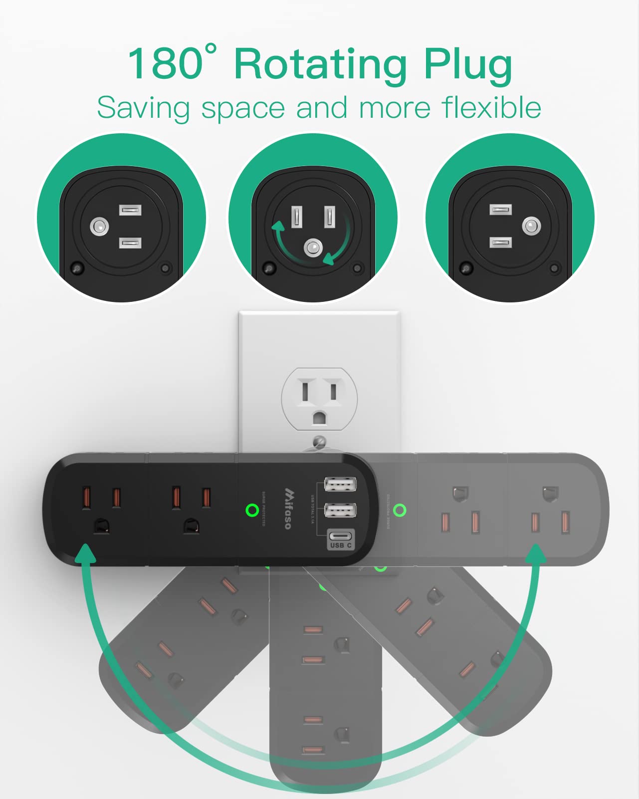 USB Outlet Extender Surge Protector - with Rotating Plug, 1800 Joules, 6 AC Multi Outlet and 3 USB Ports (1 USB C), 3-Sided Swivel Power Strip with Spaced Splitter for Home, Office, Travel