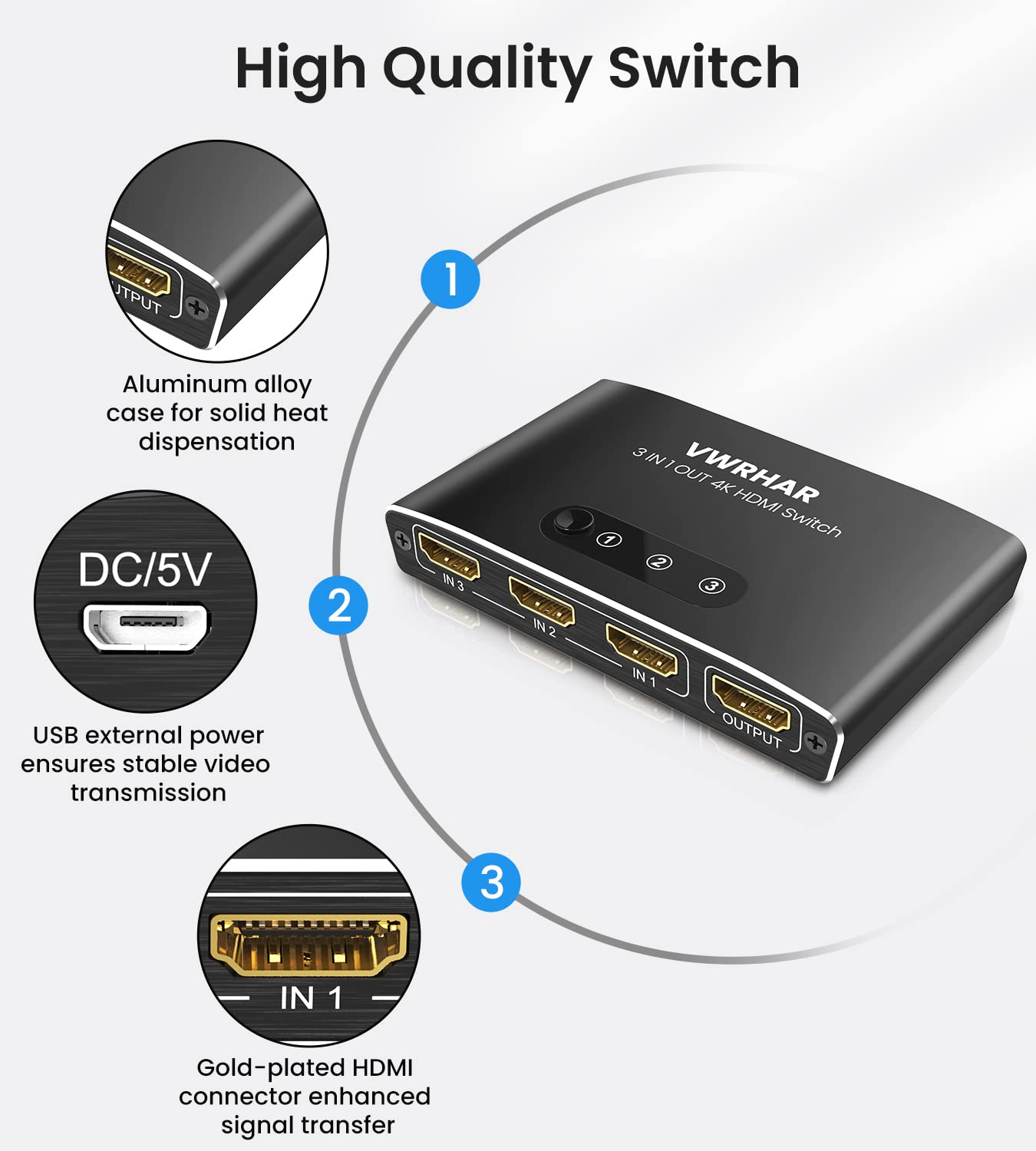 HDMI Switch 3 in 1 Out 4K UHD HDMI Switcher Splitter, Automatic Switch with Remote Metal HDMI Switch Box Hub Support 4K 30Hz 3D 1080P HDCP1.4 for PS5 PS4 Xbox DVD Player Fire Stick Apple TV PC