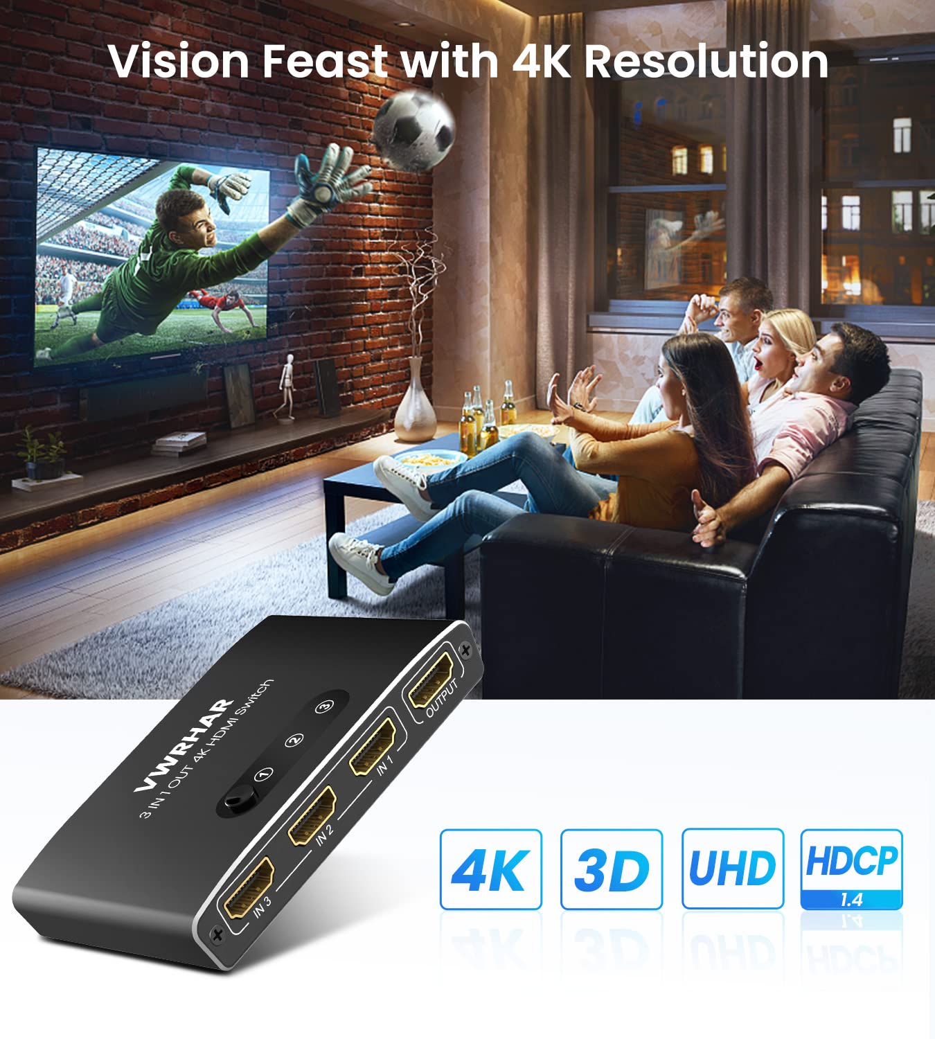 HDMI Switch 3 in 1 Out 4K UHD HDMI Switcher Splitter, Automatic Switch with Remote Metal HDMI Switch Box Hub Support 4K 30Hz 3D 1080P HDCP1.4 for PS5 PS4 Xbox DVD Player Fire Stick Apple TV PC