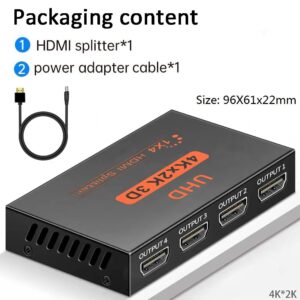 HDMI Splitter 1 in 4 Out 4K, 1x4 HDMI Splitter 3D Full HD 1080P, for Monitors Duplicate/Mirror, Compatible for HDTV PS4 Blu-Ray Player Box STB DVD Player, Projector Etc (1 Source onto 4 Displays)