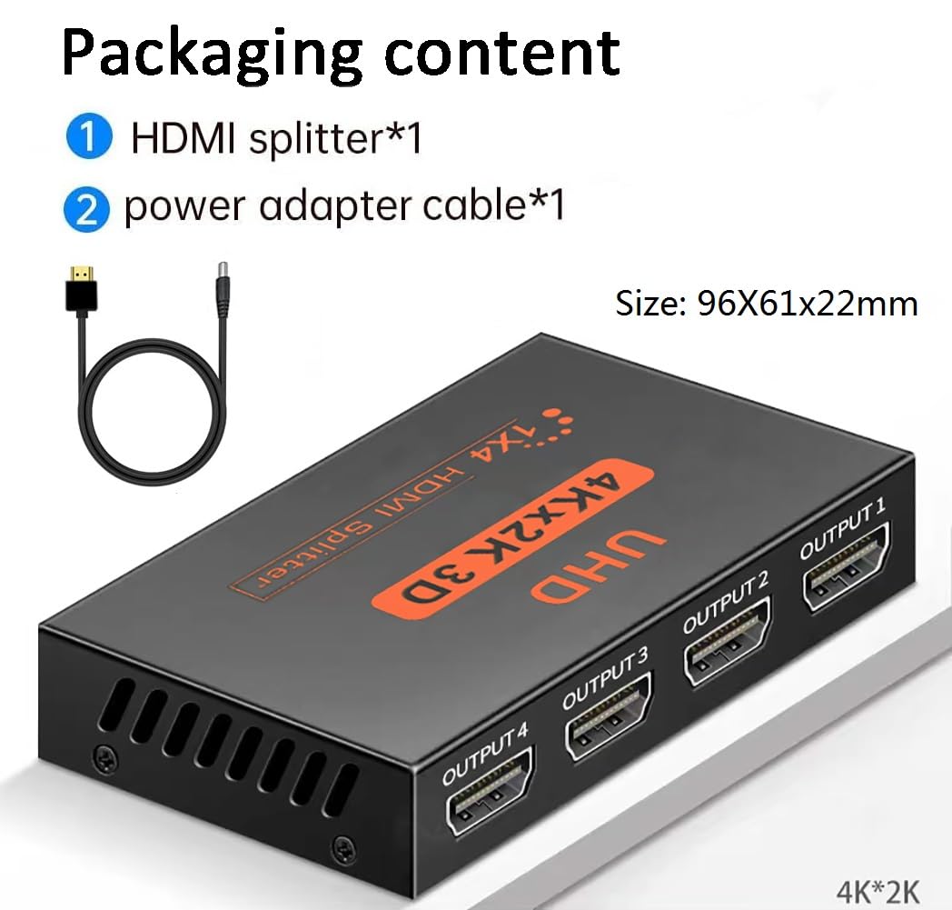 HDMI Splitter 1 in 4 Out 4K, 1x4 HDMI Splitter 3D Full HD 1080P, for Monitors Duplicate/Mirror, Compatible for HDTV PS4 Blu-Ray Player Box STB DVD Player, Projector Etc (1 Source onto 4 Displays)