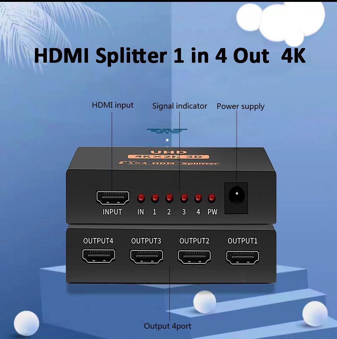 HDMI Splitter 1 in 4 Out 4K, 1x4 HDMI Splitter 3D Full HD 1080P, for Monitors Duplicate/Mirror, Compatible for HDTV PS4 Blu-Ray Player Box STB DVD Player, Projector Etc (1 Source onto 4 Displays)