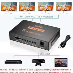 HDMI Splitter 1 in 4 Out 4K, 1x4 HDMI Splitter 3D Full HD 1080P, for Monitors Duplicate/Mirror, Compatible for HDTV PS4 Blu-Ray Player Box STB DVD Player, Projector Etc (1 Source onto 4 Displays)