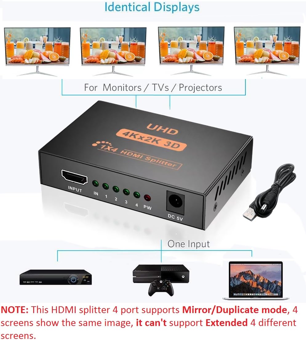 HDMI Splitter 1 in 4 Out 4K, 1x4 HDMI Splitter 3D Full HD 1080P, for Monitors Duplicate/Mirror, Compatible for HDTV PS4 Blu-Ray Player Box STB DVD Player, Projector Etc (1 Source onto 4 Displays)