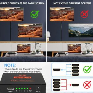 HDMI Splitter 1 in 4 Out 4K, 1x4 HDMI Splitter 3D Full HD 1080P, for Monitors Duplicate/Mirror, Compatible for HDTV PS4 Blu-Ray Player Box STB DVD Player, Projector Etc (1 Source onto 4 Displays)