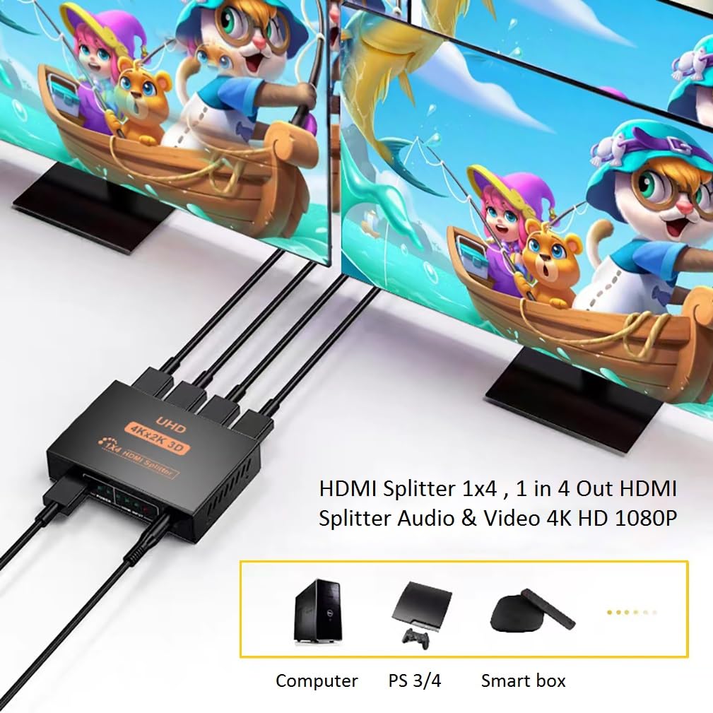 HDMI Splitter 1 in 4 Out 4K, 1x4 HDMI Splitter 3D Full HD 1080P, for Monitors Duplicate/Mirror, Compatible for HDTV PS4 Blu-Ray Player Box STB DVD Player, Projector Etc (1 Source onto 4 Displays)