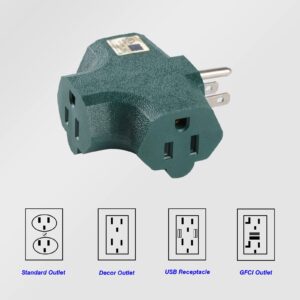 Aniai 3 Outlet Adapter [UL Listed] 3 Way Outlet Splitter - 3 T-Shaped Adapter Outdoor Power Splitter Grounded Wall Tap Adapter Heavy Duty (4, green)