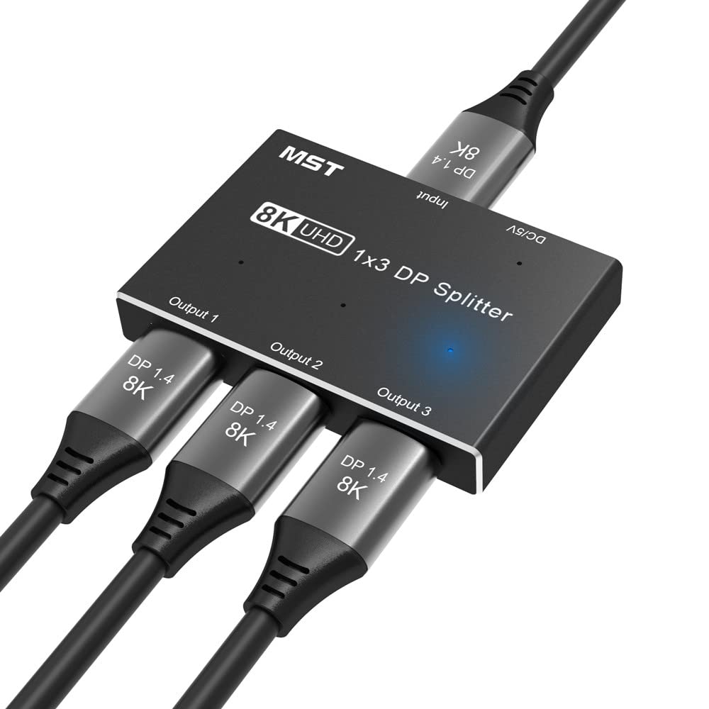 HEZOOMS 8k DisplayPort Splitter 1 in 3 Out 8K@30Hz 4K@120Hz DP 1.4 Splitter Triple MST SST Hub Adapter 1x3 Port for 1 DisplayPort Ultra HD Source to 3 HD Display Port