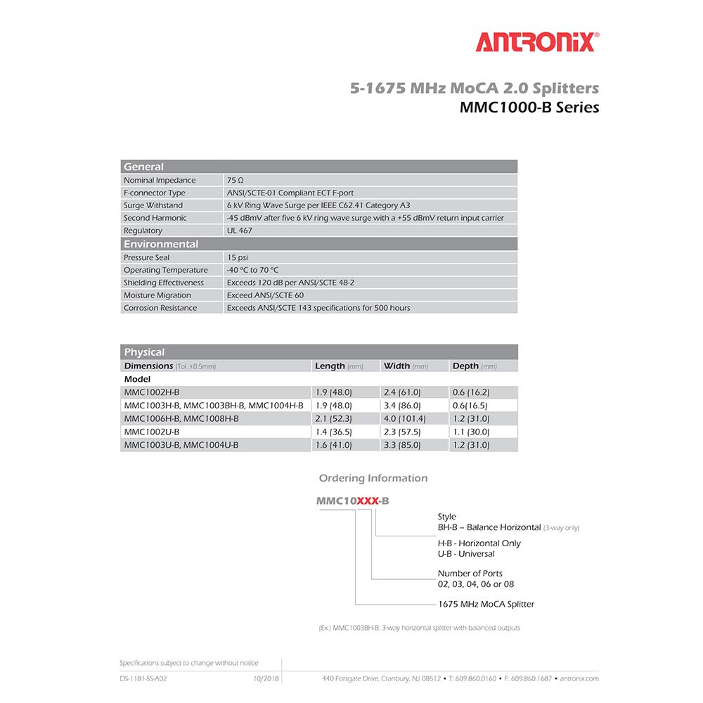 3 Way Antronix MMC1003H-B 5-1675 MHz MoCA 2.0 Splitter for Frontier Formerly Verizon Fios