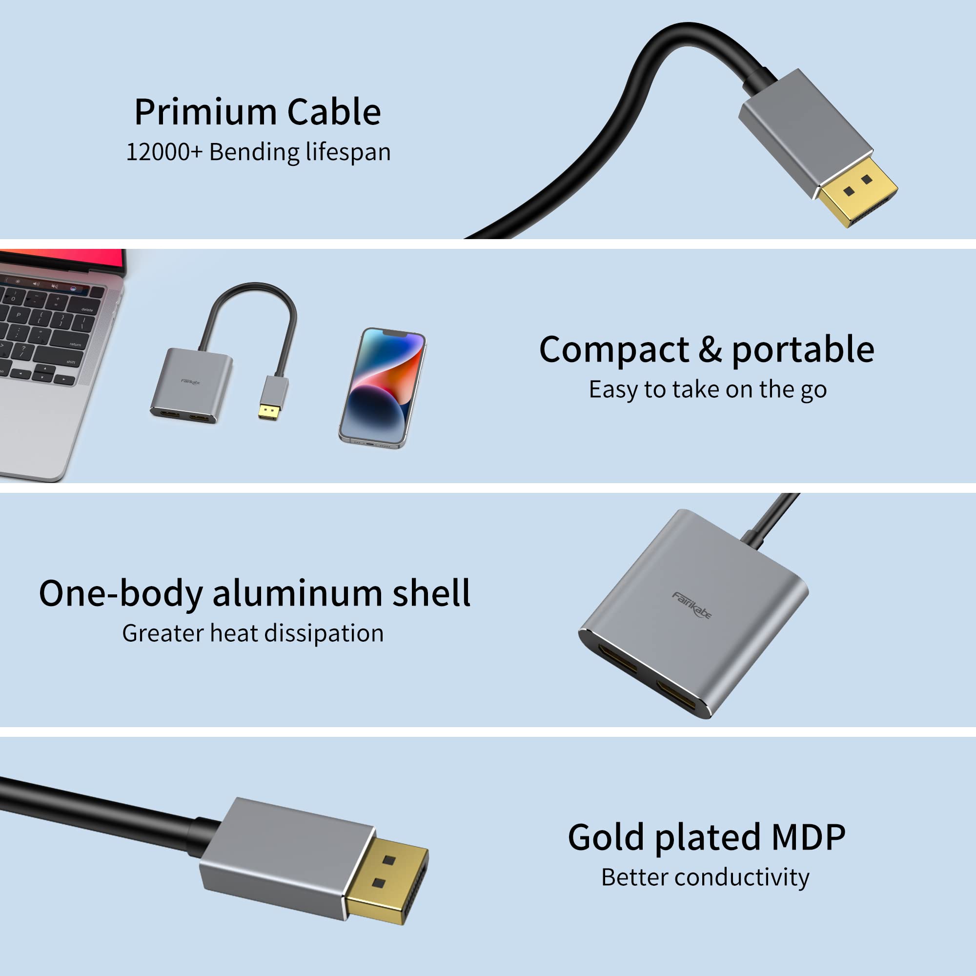 fairikabe DisplayPort to Dual DisplayPort Splitter Adapter 4K60Hz for Dual Monitor Display, MST Display Port Adapter Extend Display 1 in 2 Out, DisplayPort Hub for Desktop PC Laptop