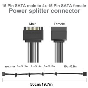 OHKIKOME SATA Power Splitter Cable 19.7 in (500 mm) - 15 Pin SATA 1 Male to 5 Female Power Splitter Adapter Cable Powers up to 5 HDD, SSD, Optical Drives (1, Black)