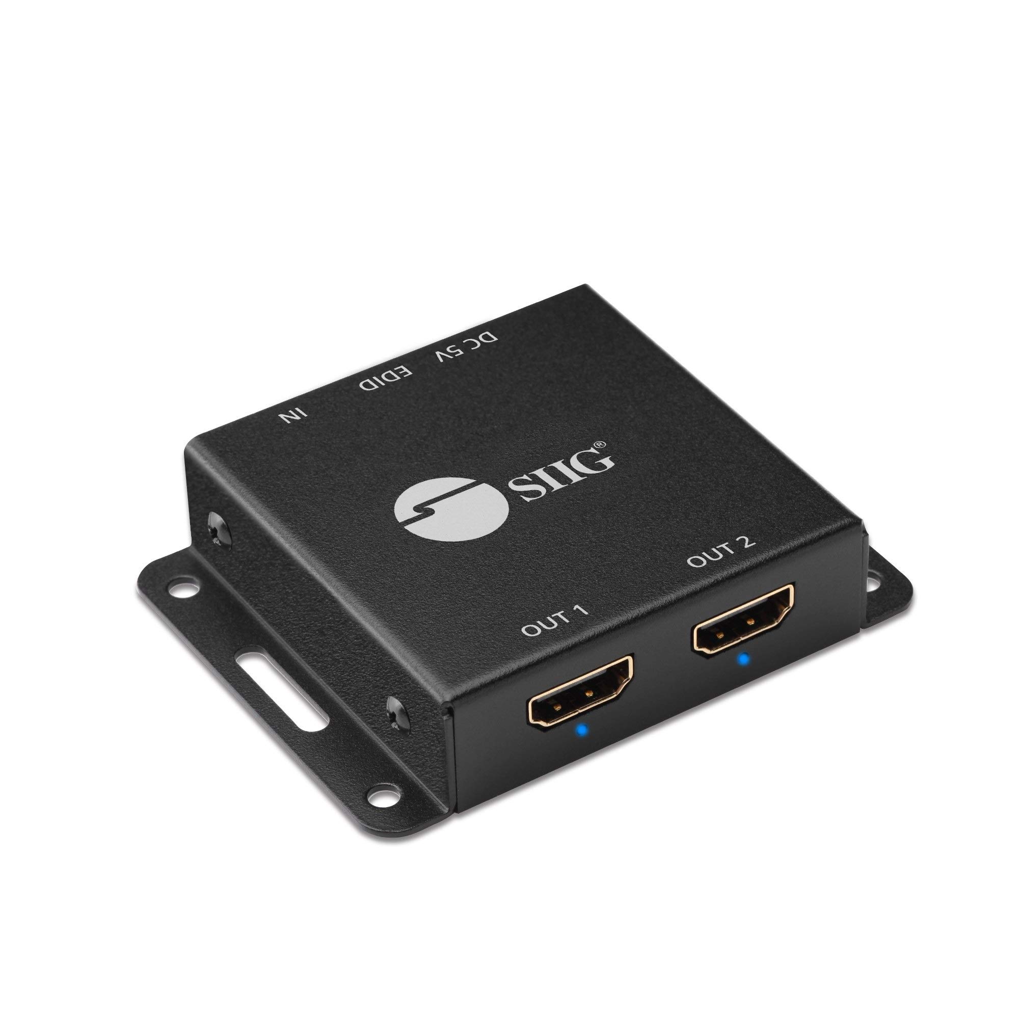 SIIG 1x2 Port HDMI 2.0 Splitter 4K 60Hz HDR Compact USB Powered Auto Scaling HDMI Splitter - HDMI 2.0a HDCP 2.2, 18Gbps, YUV 4:4:4, 3D, EDID, Dolby Digital - 1 in 2 Out, TAA compliant (CE-H23K11-S1)