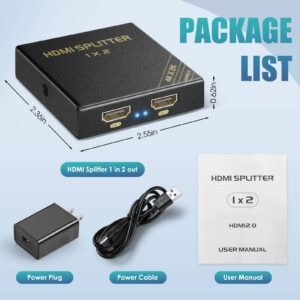 HBAVLINK 4K HDMI Splitter 1 in 2 out 60Hz- HDCP 2.2/2.3 Bypass, HDR, Dolby Atmos/DTS5.1/7.1 - Compatible with PS5/PS4/PS3, Apple TV, Xbox, Cable Box, Roku Stick, etc.