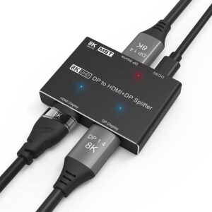 hezooms displayport to displayport hdmi-compatible splitter adapter mst sst mode 8k@30hz 4k@120hz 1 in 2 out directional dp1.4 splitter dual monitor for dp and hd multi screen simultaneous displays