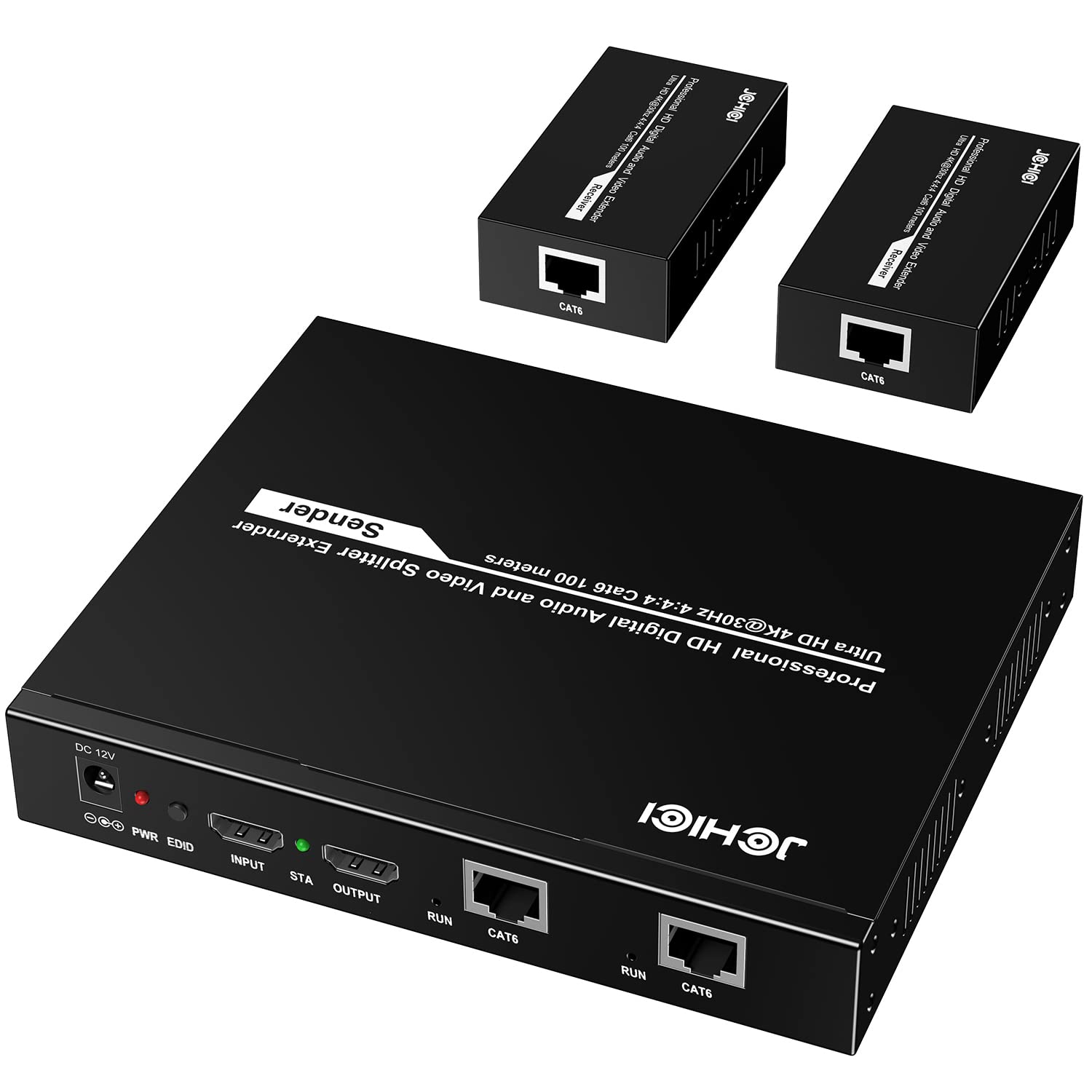 HDMI Extender Splitter 1 x 2, JCHICI 4K@30Hz 100M(328fts) HDMI Extender Over Cat5e/6 with Loopout and EDID Copy Function, Lossless Transmission and Zero Latency, Support 3D