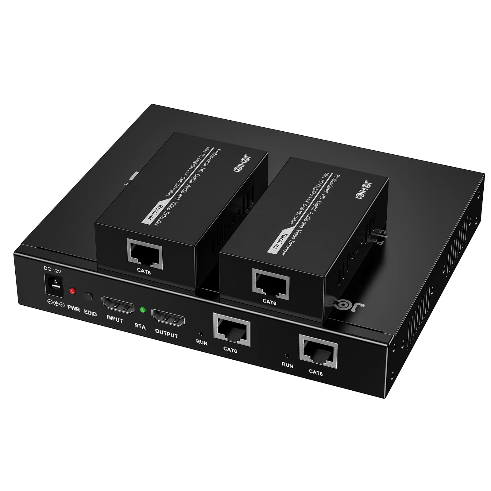 HDMI Extender Splitter 1 x 2, JCHICI 4K@30Hz 100M(328fts) HDMI Extender Over Cat5e/6 with Loopout and EDID Copy Function, Lossless Transmission and Zero Latency, Support 3D