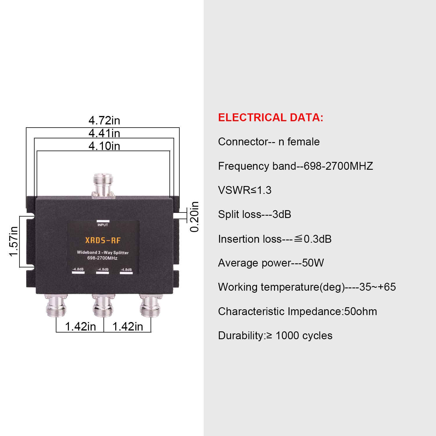 XRDS -RF Wide-Band 3 Way Splitter-4.8dB N Type Female-50 Ohm (NOT for TV)