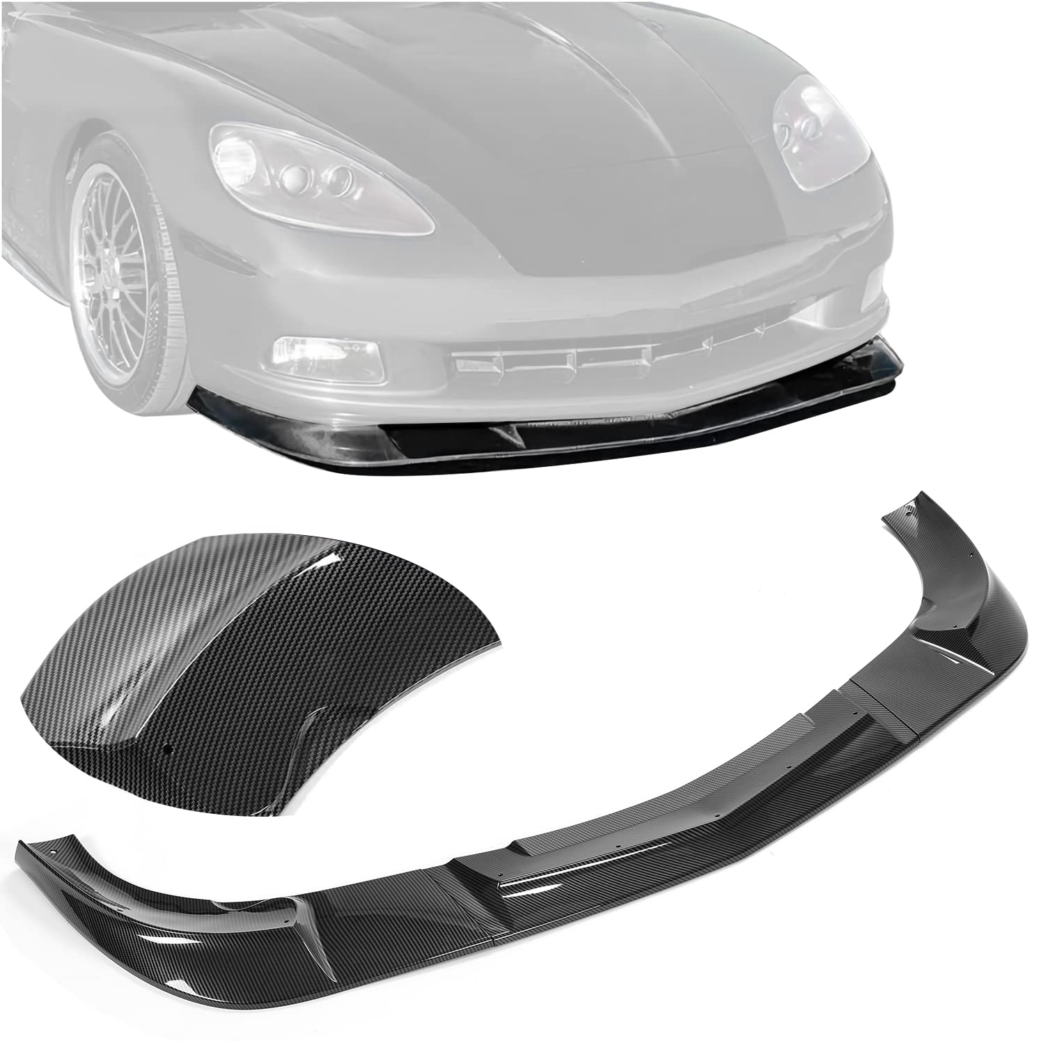 KUAFU 3Pcs Front Bumper Lip Splitter Compatible with 2005-2013 Corvette C6 Base Models 2Dr ZR1 Extended Style Under Chin Spoiler (Carbon Fiber Style)