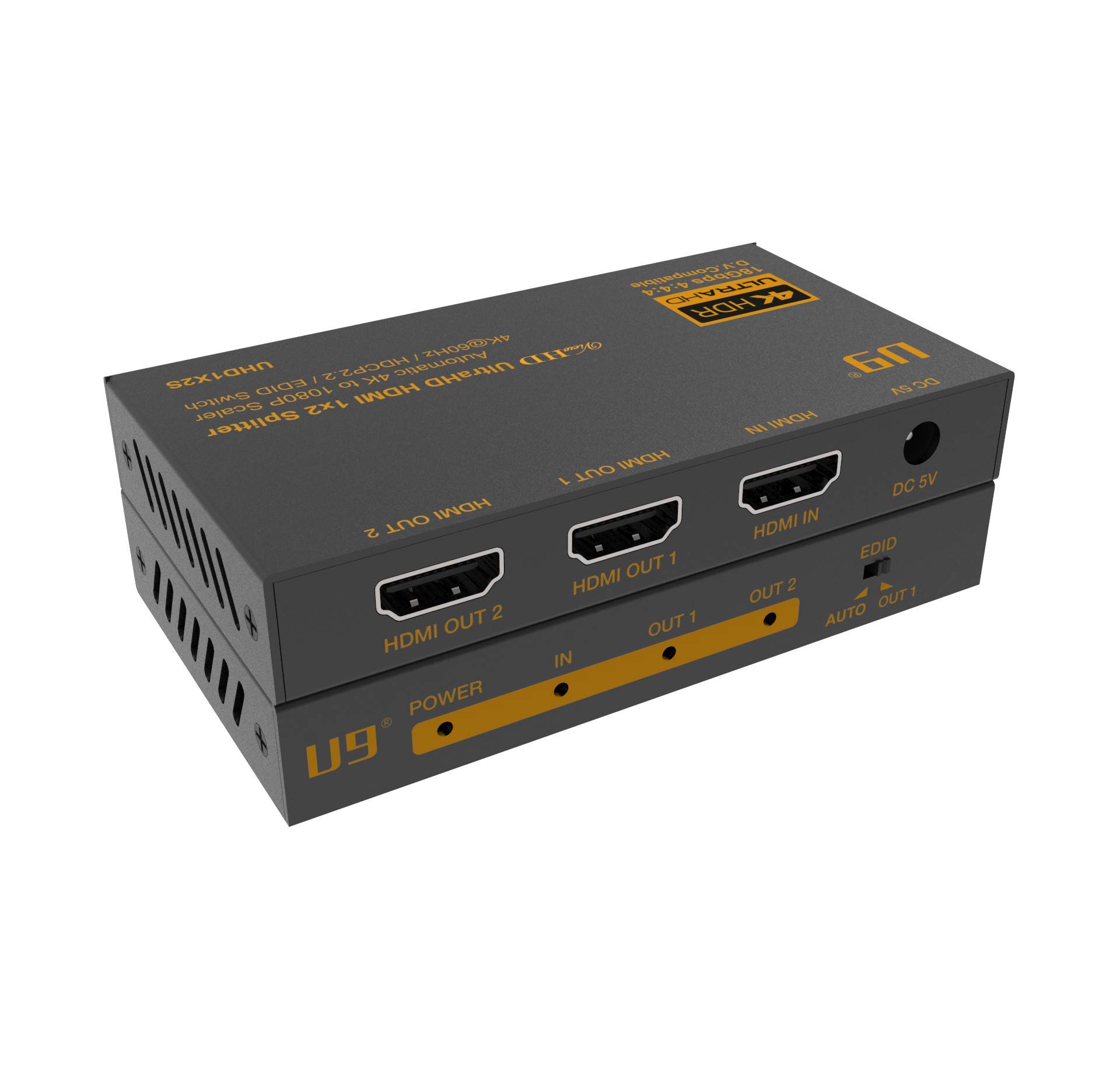 U9 ViewHD 1 in 2 out HDMI 2.0 18Gbps 1x2 Splitter with automatic 4K to 1080P Downscaler / 4K@60Hz / HDR and Dolby Vision / HDCP 2.2 / 1 Input to 2 Outputs / EDID Control | Model: UHD1X2S