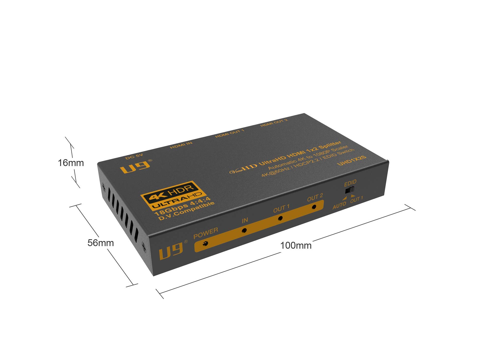 U9 ViewHD 1 in 2 out HDMI 2.0 18Gbps 1x2 Splitter with automatic 4K to 1080P Downscaler / 4K@60Hz / HDR and Dolby Vision / HDCP 2.2 / 1 Input to 2 Outputs / EDID Control | Model: UHD1X2S