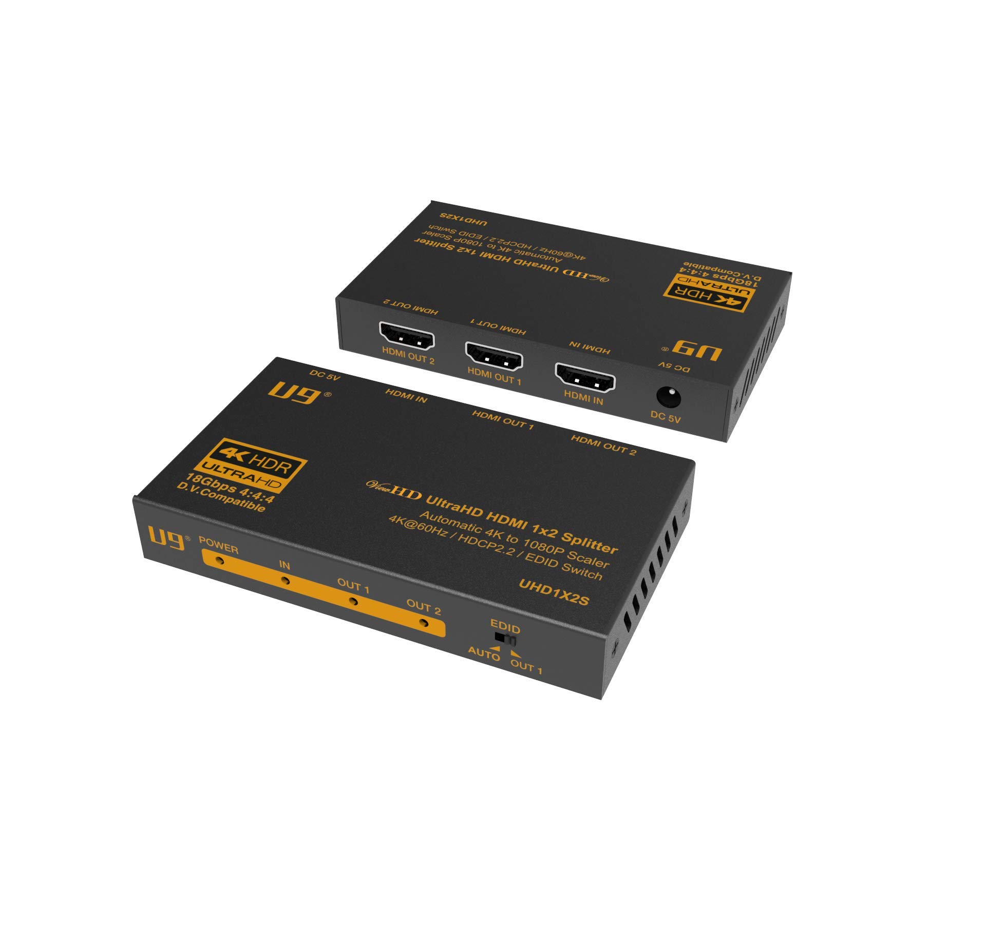 U9 ViewHD 1 in 2 out HDMI 2.0 18Gbps 1x2 Splitter with automatic 4K to 1080P Downscaler / 4K@60Hz / HDR and Dolby Vision / HDCP 2.2 / 1 Input to 2 Outputs / EDID Control | Model: UHD1X2S