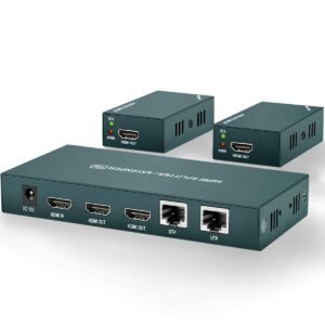 pway hdmi extender splitter 1x2, hd1080p@60hz & 3d visual, extending 165ft (50m) length transmission over cat5e/cat6/cat7 cable, 2 channel transmission with 2 hdmi loop out1