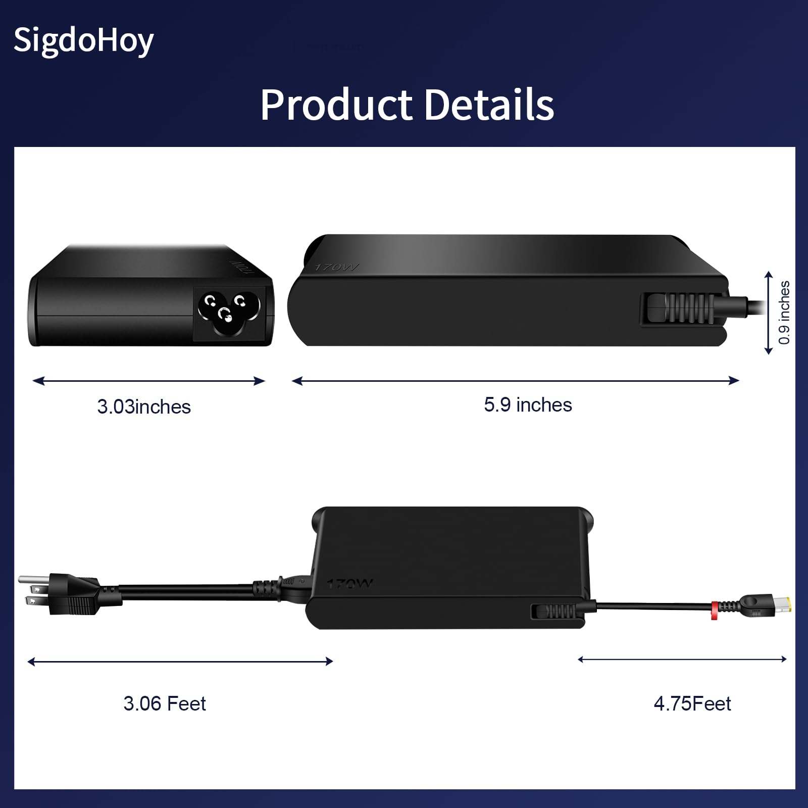 170W AC Charger for Lenovo LOQ, Legion 5, ThinkPad P1 P50 P51 P52 P53 P70 P71 P73 P15v P15 P17 T15g T15p Laptop Power Adapter Supply Cord