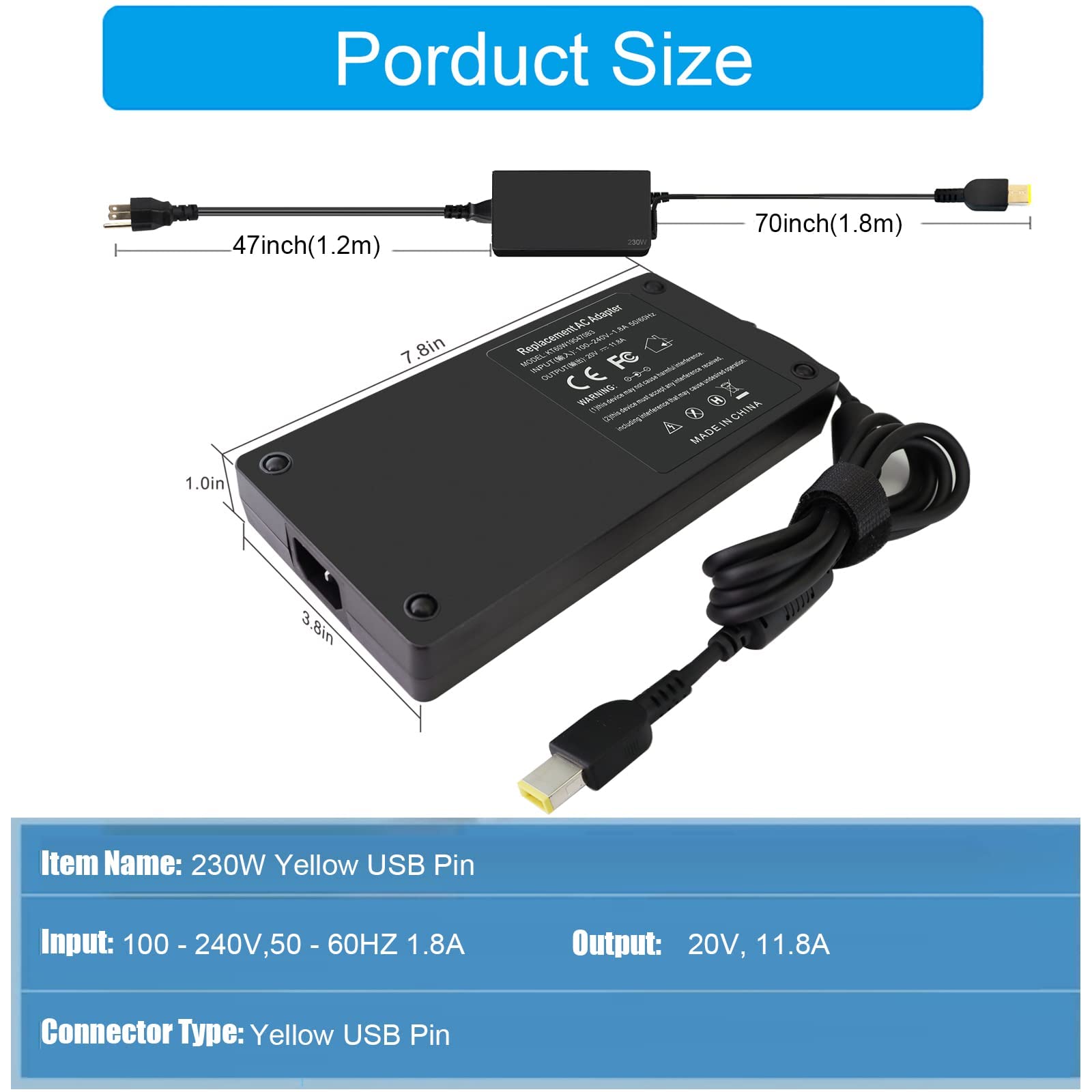 230w Laptop Charger Slim Laptop AC Adapter for Lenovo ADL230SDC3A Legion 5 7 Charger 5-15ARH05H Y540 Y545 Y7000 Y7000P 230W 4X20E75111 for Lenovo ThinkPad P53 P72 Laptop Adapter Power Supply Cord