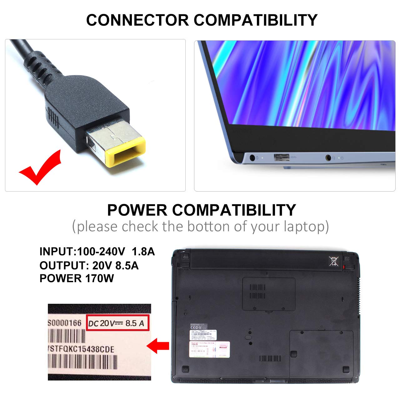 New 170W 20V Power AC Charger Replace for Lenovo Thinkpad E440 E450 E555 P50 P51 P70 W540 W541 Yoga 15 45N0487 4X20E50574 ADL170NLC2A Laptop