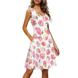 Belidome Adorable Pink Strawberry Tank Dress for Women Sundress Casual Travel Party Wear Sleepwear Beach Cover Up Plus Size XS-4XL