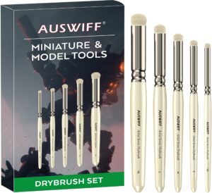 auswiff drybrush set of 5 - paint brush set for miniature painter, goat hair acrylic model paint brushes fabulous for beginners & professional for tabletop & wargames detailing watercolor oil painting