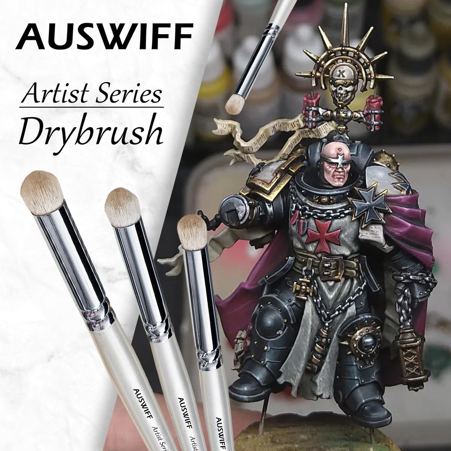 Auswiff Drybrush Set of 5 - Paint Brush Set for Miniature Painter, Goat Hair Acrylic Model Paint Brushes Fabulous for Beginners & Professional for Tabletop & Wargames Detailing Watercolor Oil Painting