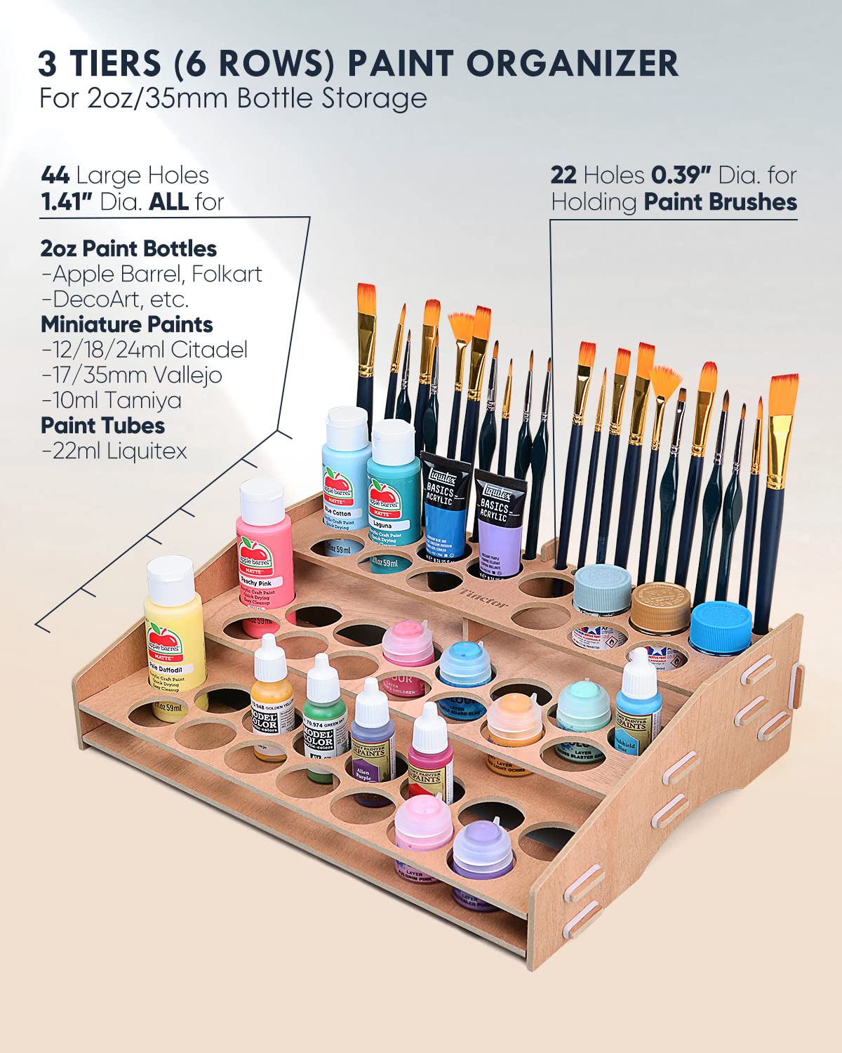 tinctor Wooden Paint Organizer & Paint Brush Holder, for 44 Bottles & 22 Brushes - Paint Holder for Acrylic Painting, Paint Rack for Miniature Paint Set, Acrylic Paint Storage, Craft Paint Organizer