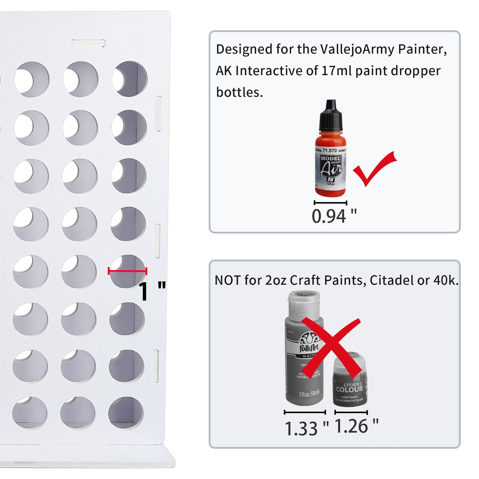 SANFURNEY 64 Holes Craft Paint Storage Organizer Vertical Paint Rack Only Stand for 17ml Vallejo, Army Painter Dropper Bottles, NOT for 2oz Craft Paints or Citadel