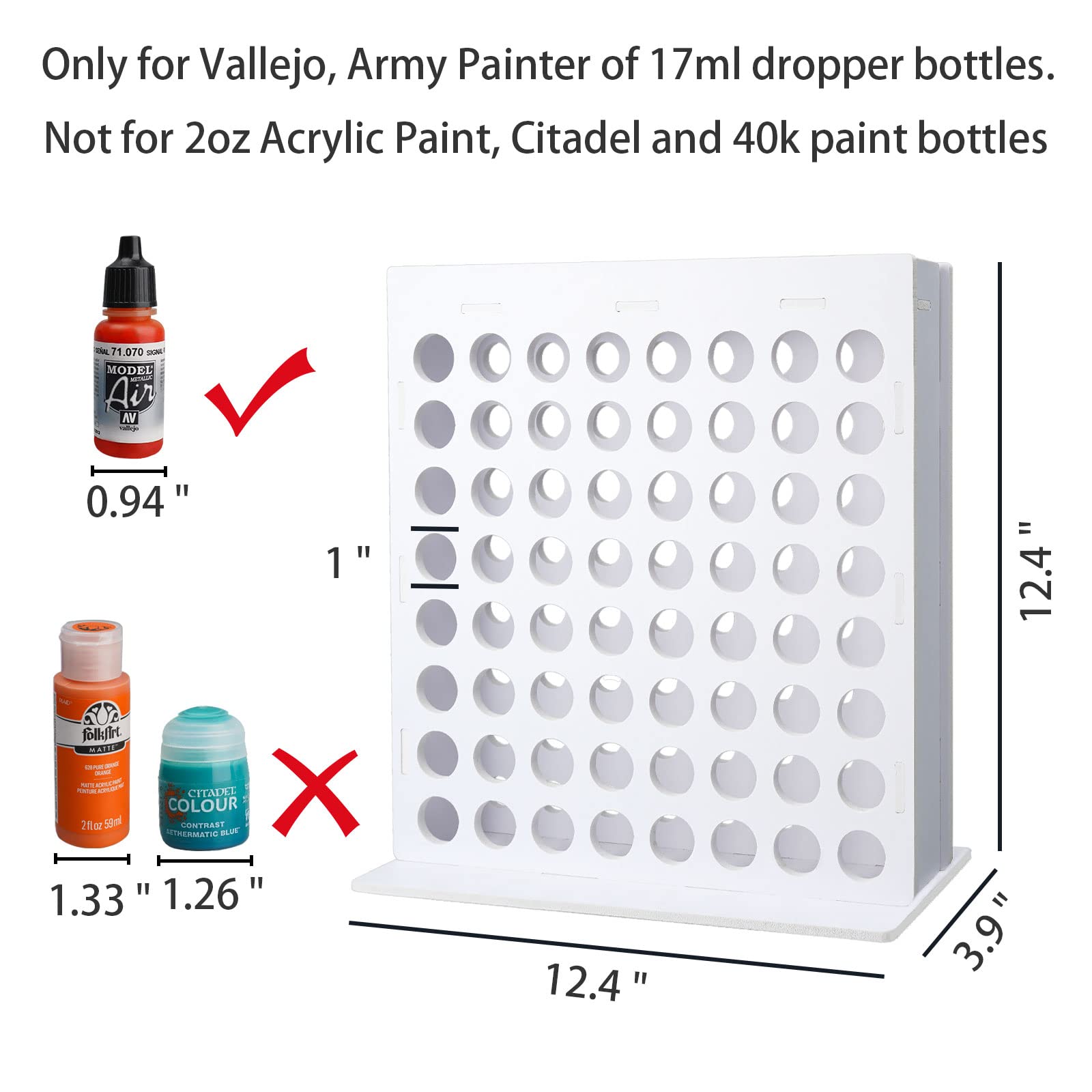 SANFURNEY 64 Holes Craft Paint Storage Organizer Vertical Paint Rack Only Stand for 17ml Vallejo, Army Painter Dropper Bottles, NOT for 2oz Craft Paints or Citadel