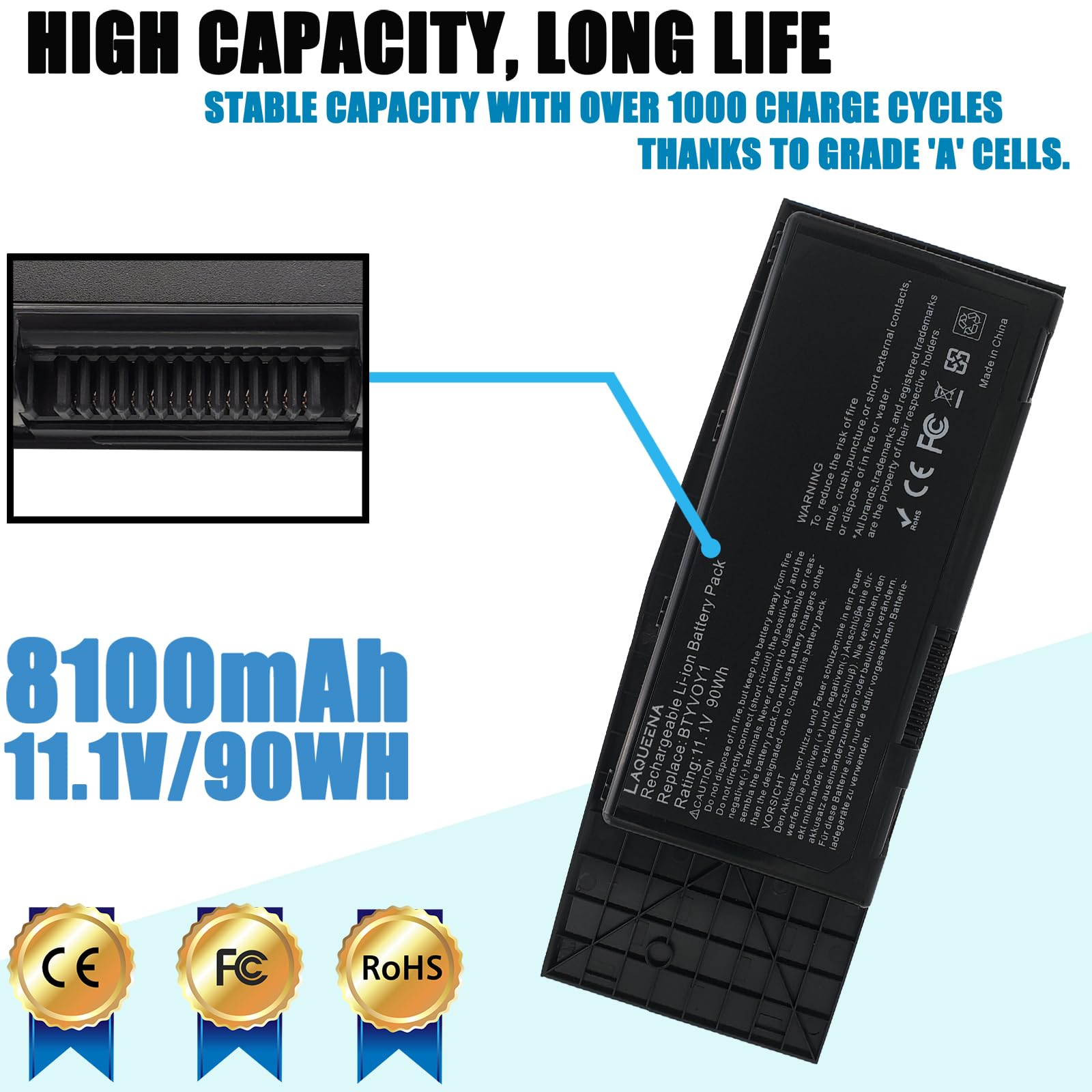 LAQUEENA BTYVOY1 Laptop Replacement Battery for Alienware M17x R3 R4 Series 7XC9N C0C5M 0C0C5M 318-0397 05WP5W 5WP5W 11.1V 90WH/8100MAH 9-Cell