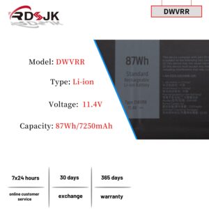 DWVRR Laptop Battery for Dell Alienware X15 R1 R2 X17 R1 R2 Inspiron 16 7620 2-in-1 Alienware X15 R1 NAWX15R101 X17 RTX 3080 P48E Series 817GN 0817GN NR6MH 0NR6MH 0017GN 11.4V 87Wh 7250mAh