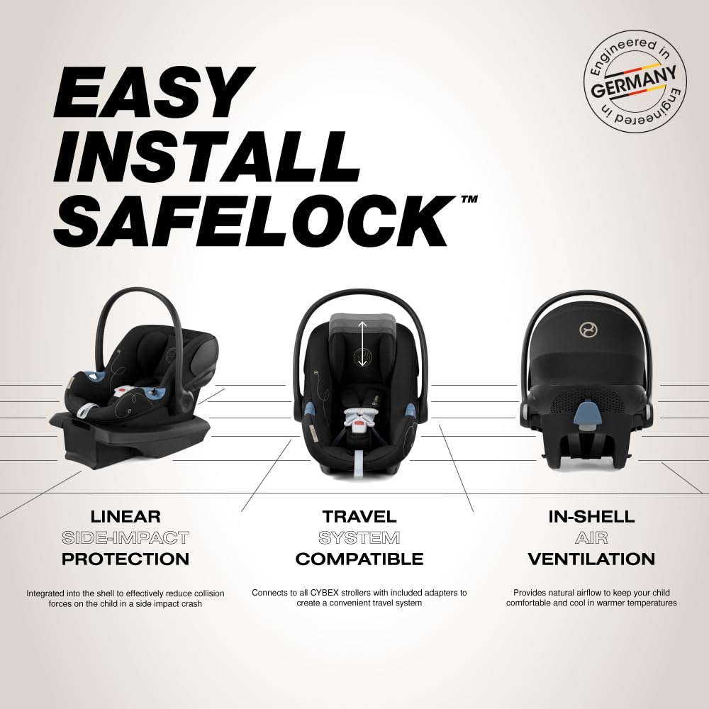 Cybex Aton G Infant Car Seat with Linear Side-Impact Protection, 11-Position Adjustable Headrest, in-Shell Ventilation, Easy-in Buckle and Secure Safelock Base, Moon Black