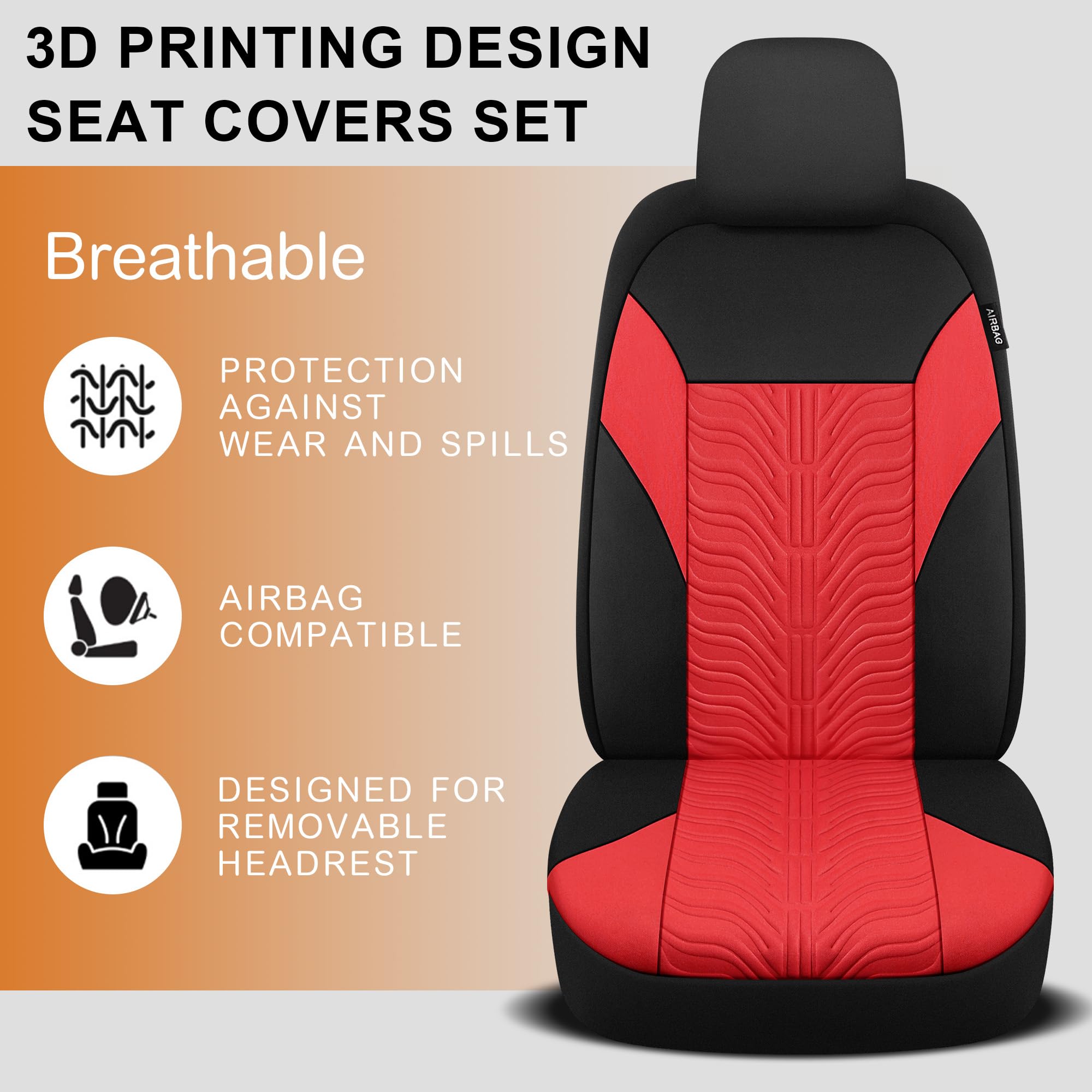 CAROMOP Car Seat Covers Full Set, Washable and Breathable Premium Cloth Seat, Split Bench Seat Covers for Cars, Universal Fit for Most Car Interior Covers Sedan Truck SUV(Black/Red)