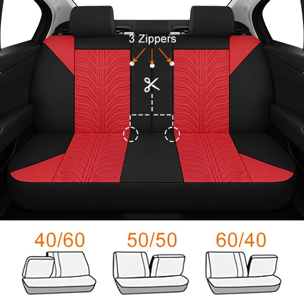 CAROMOP Car Seat Covers Full Set, Washable and Breathable Premium Cloth Seat, Split Bench Seat Covers for Cars, Universal Fit for Most Car Interior Covers Sedan Truck SUV(Black/Red)