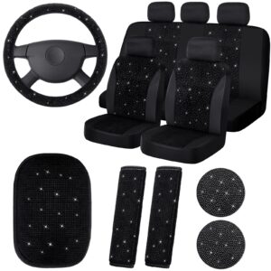 15 pieces bling velvet fabric car seat covers full set black accessories for women,diamond steering wheel rhinestone crystal seat belt cover, center console pad universal car decor