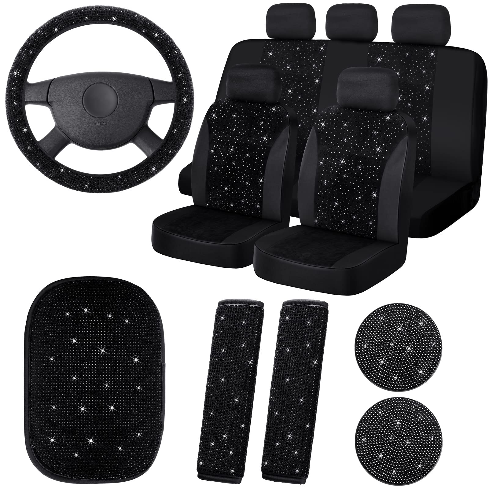 15 Pieces Bling Velvet Fabric Car Seat Covers Full Set Black Accessories for Women,Diamond Steering Wheel Rhinestone Crystal Seat Belt Cover, Center Console Pad Universal Car Decor