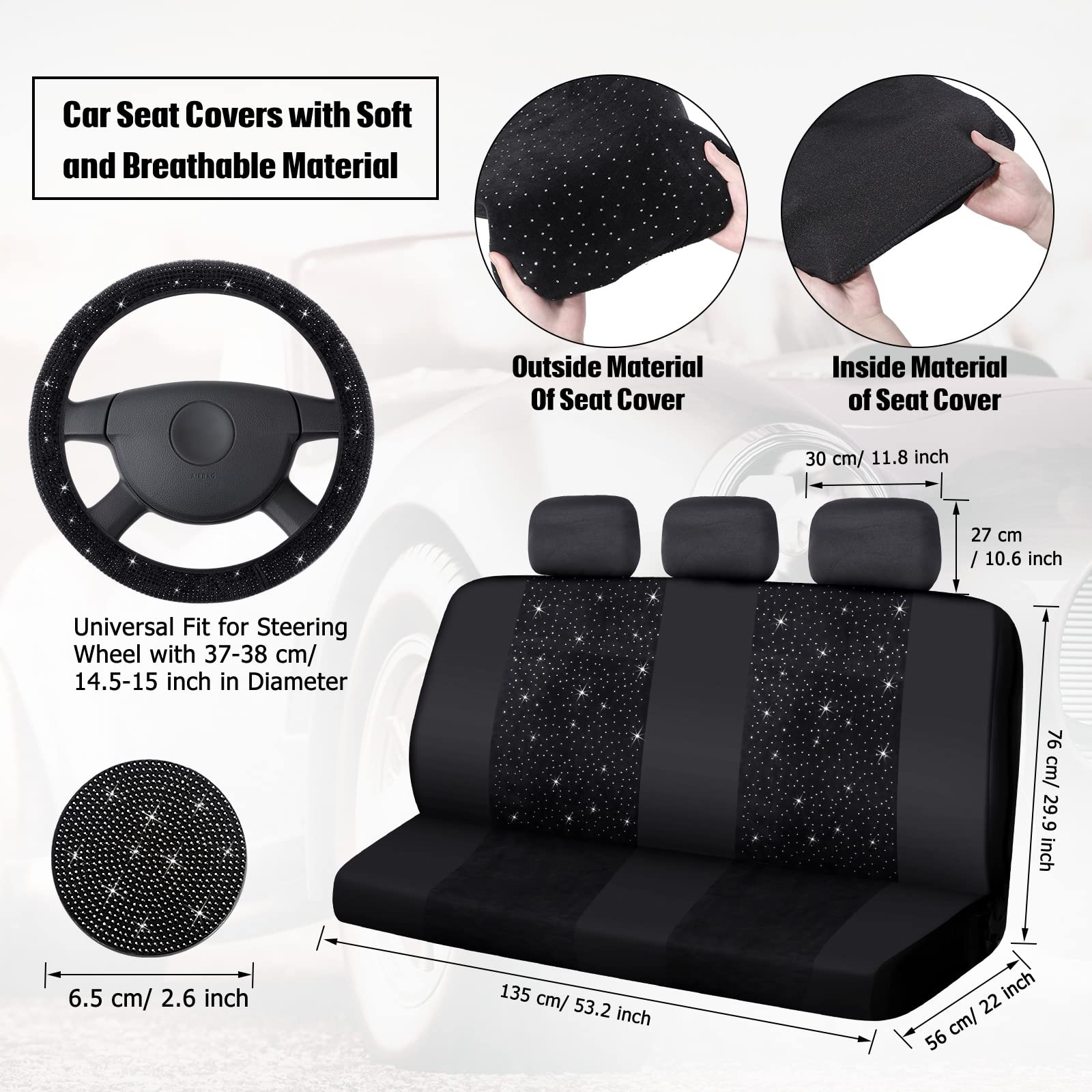 15 Pieces Bling Velvet Fabric Car Seat Covers Full Set Black Accessories for Women,Diamond Steering Wheel Rhinestone Crystal Seat Belt Cover, Center Console Pad Universal Car Decor