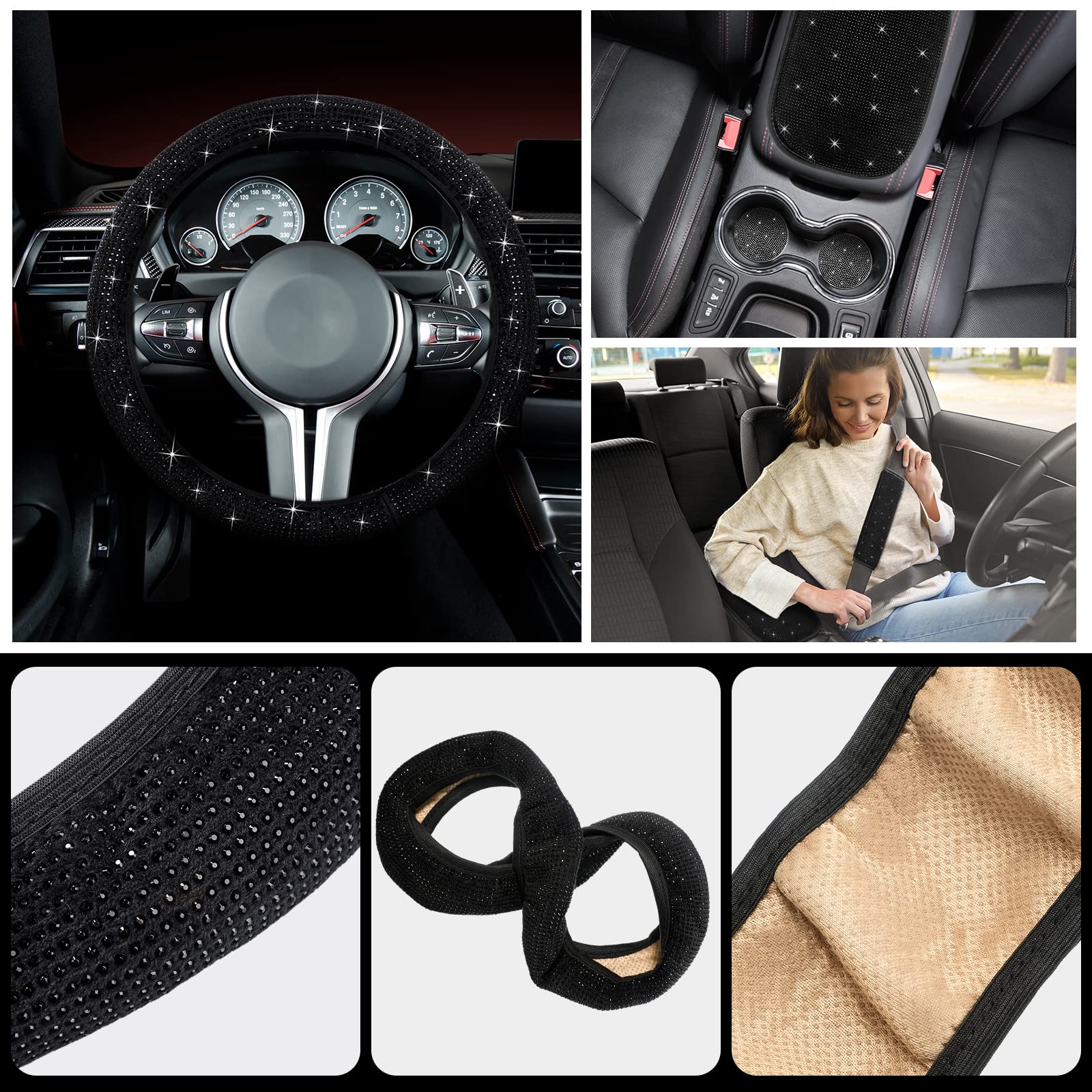 15 Pieces Bling Velvet Fabric Car Seat Covers Full Set Black Accessories for Women,Diamond Steering Wheel Rhinestone Crystal Seat Belt Cover, Center Console Pad Universal Car Decor