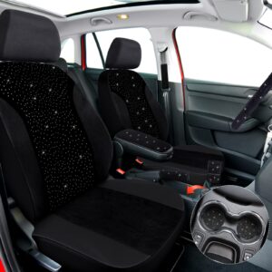 15 Pieces Bling Velvet Fabric Car Seat Covers Full Set Black Accessories for Women,Diamond Steering Wheel Rhinestone Crystal Seat Belt Cover, Center Console Pad Universal Car Decor